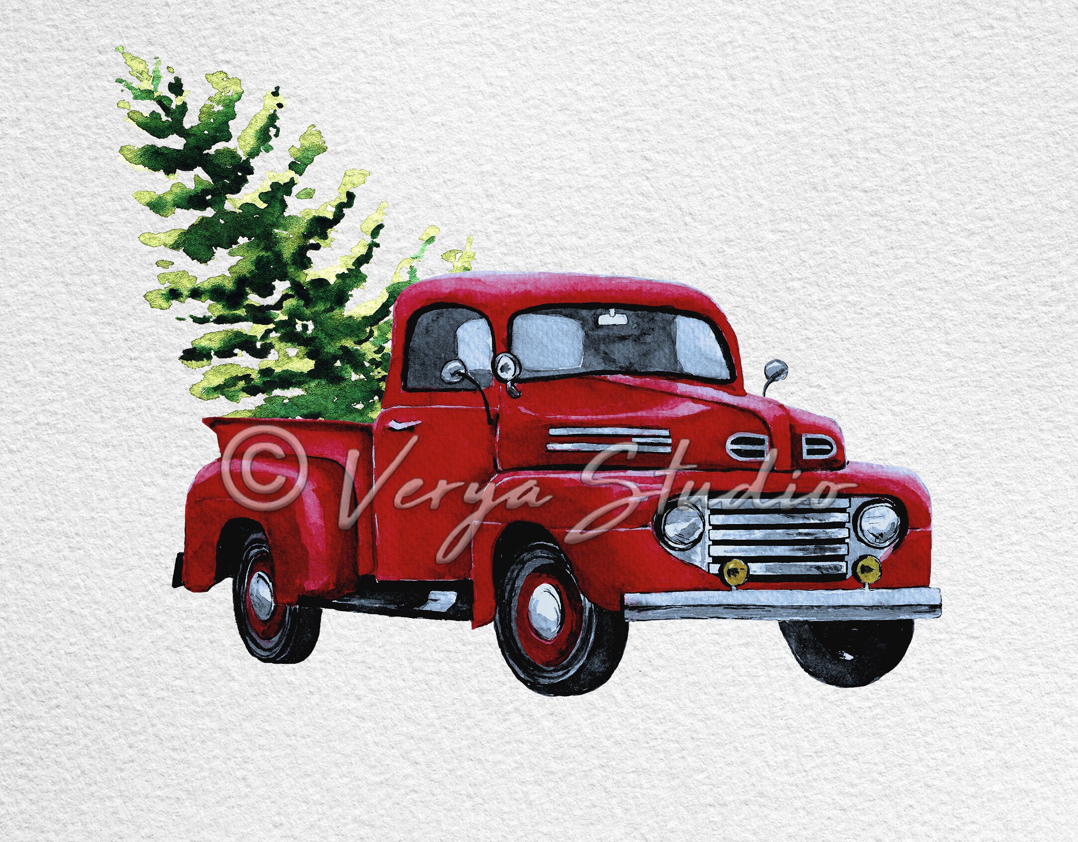 Watercolor Christmas Truck Clipart Red Christmas Truck - Etsy