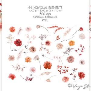 Burnt Orange Floral Clipart Watercolor Flowers Clip Art Rust Orange Red ...