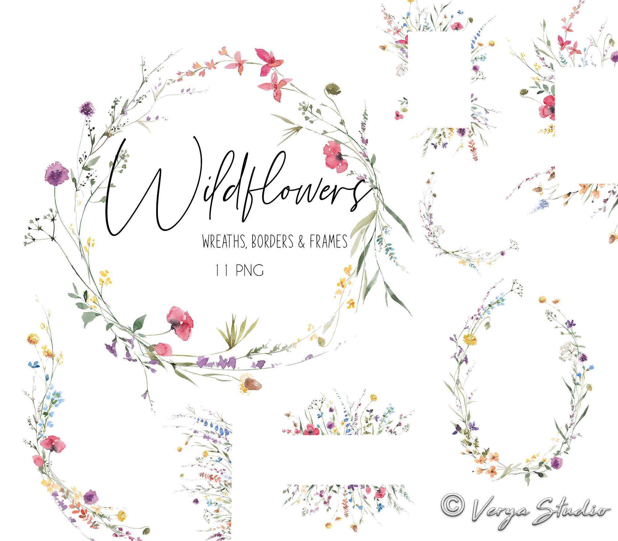 Wild Flowers Watercolor Clipart Wildflowers Frames Wreaths - Etsy