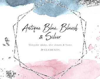 Dusty Blue Watercolor Clipart Washes Splashes Blobs Splatter | Etsy