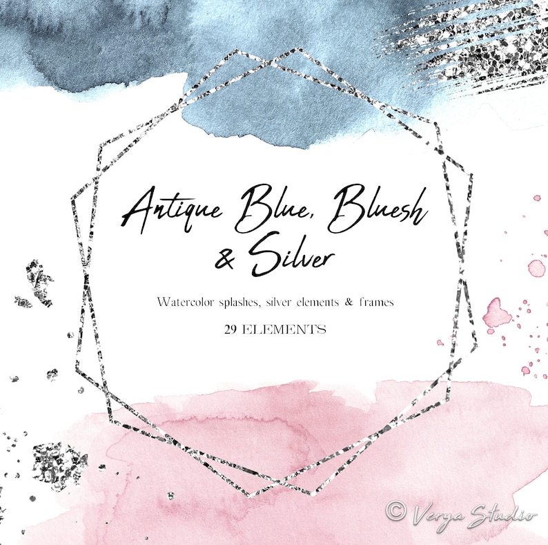 Antique Blue Blush Silver Watercolor Splashes Clipart Dusty Blue Pink ...