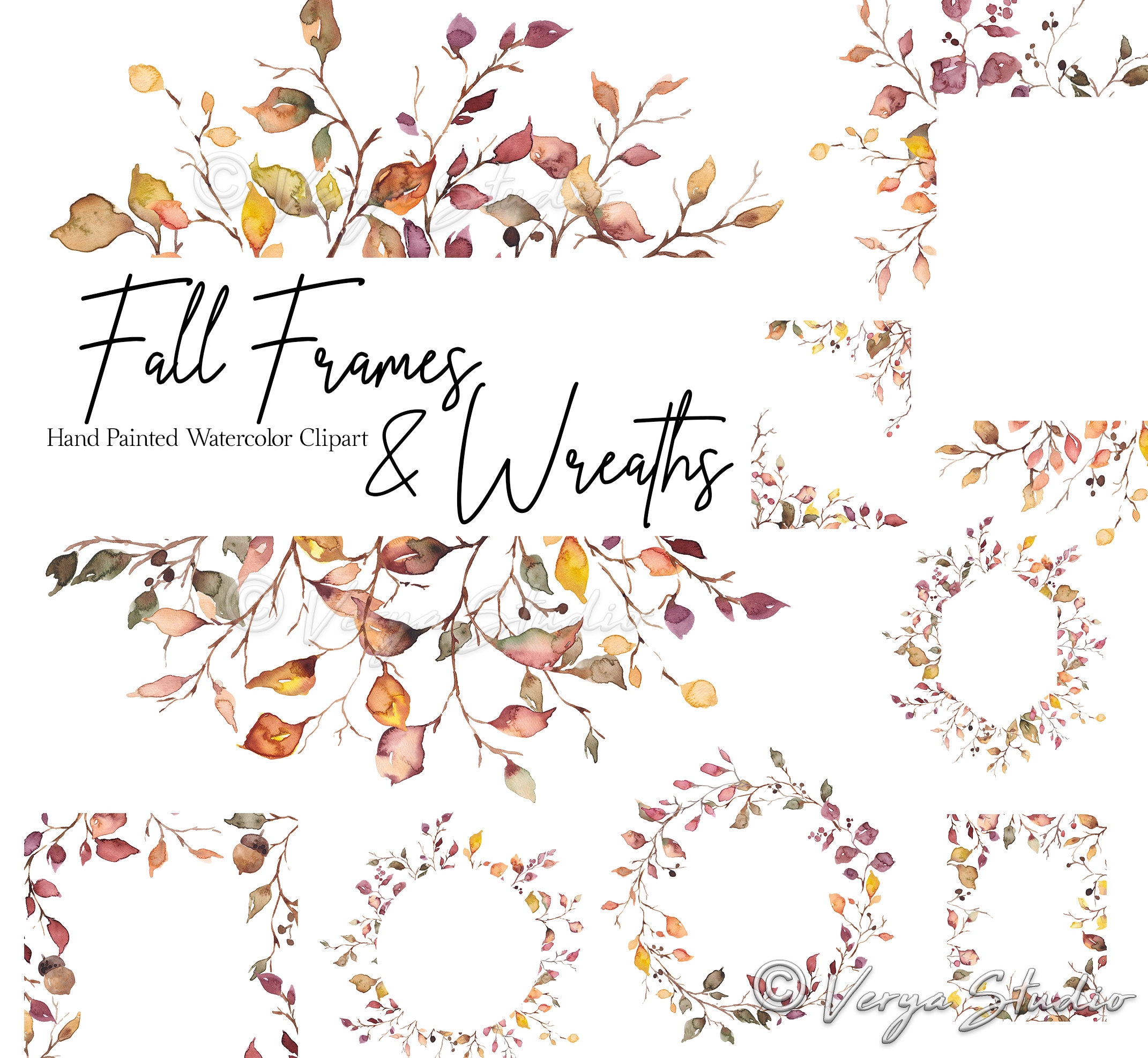 Fall Leaves Clipart Watercolor Fall Frames Clip Art Autumn | Etsy