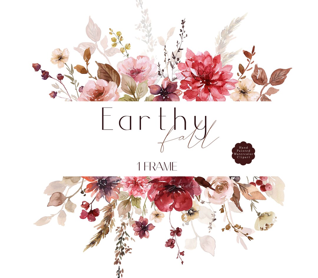 Burgundy Blush Fall Floral Frame Clipart - Watercolor Flowers Border ...
