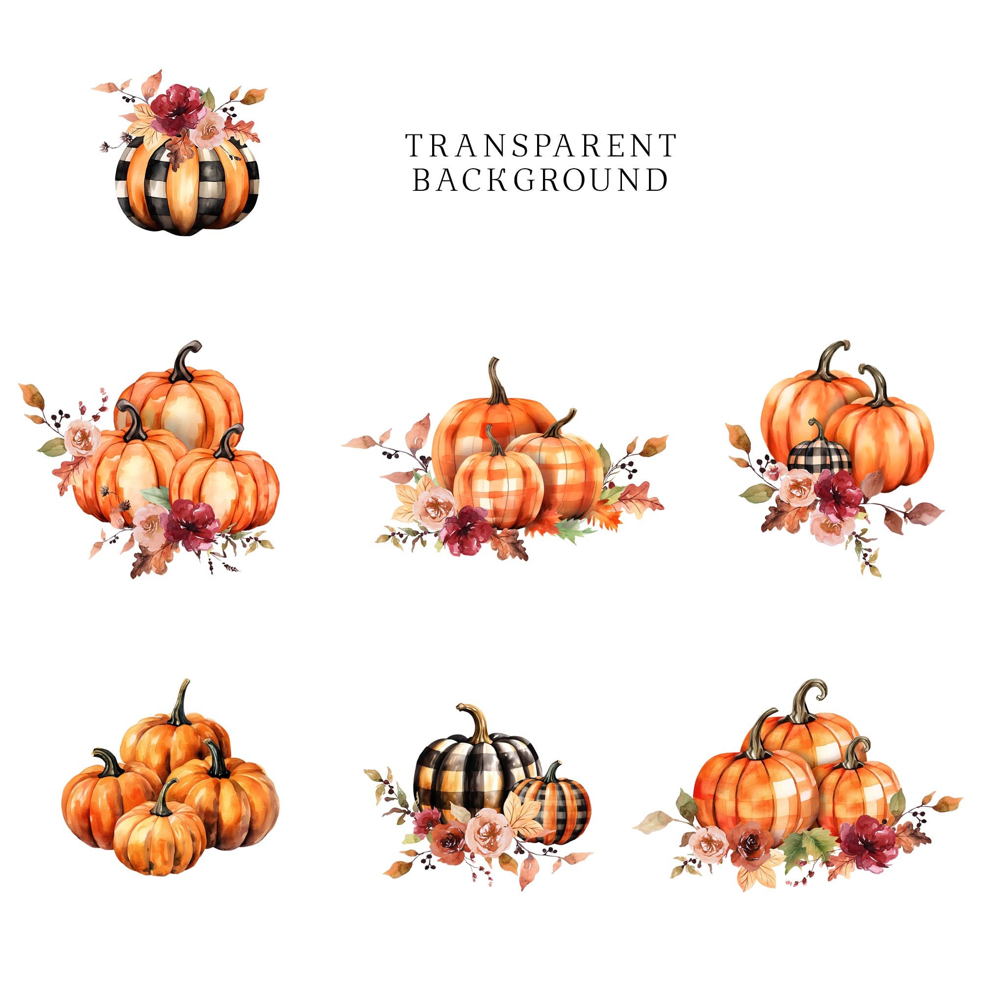Fall Floral Pumpkins Clipart Watercolor Autumn Flowers Buffalo Plaid ...