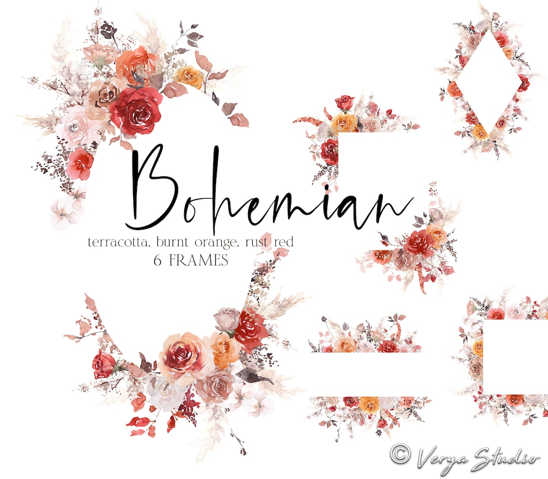 Burnt Orange Floral Clipart Watercolor Flowers Clip Art, Pampas Grass ...