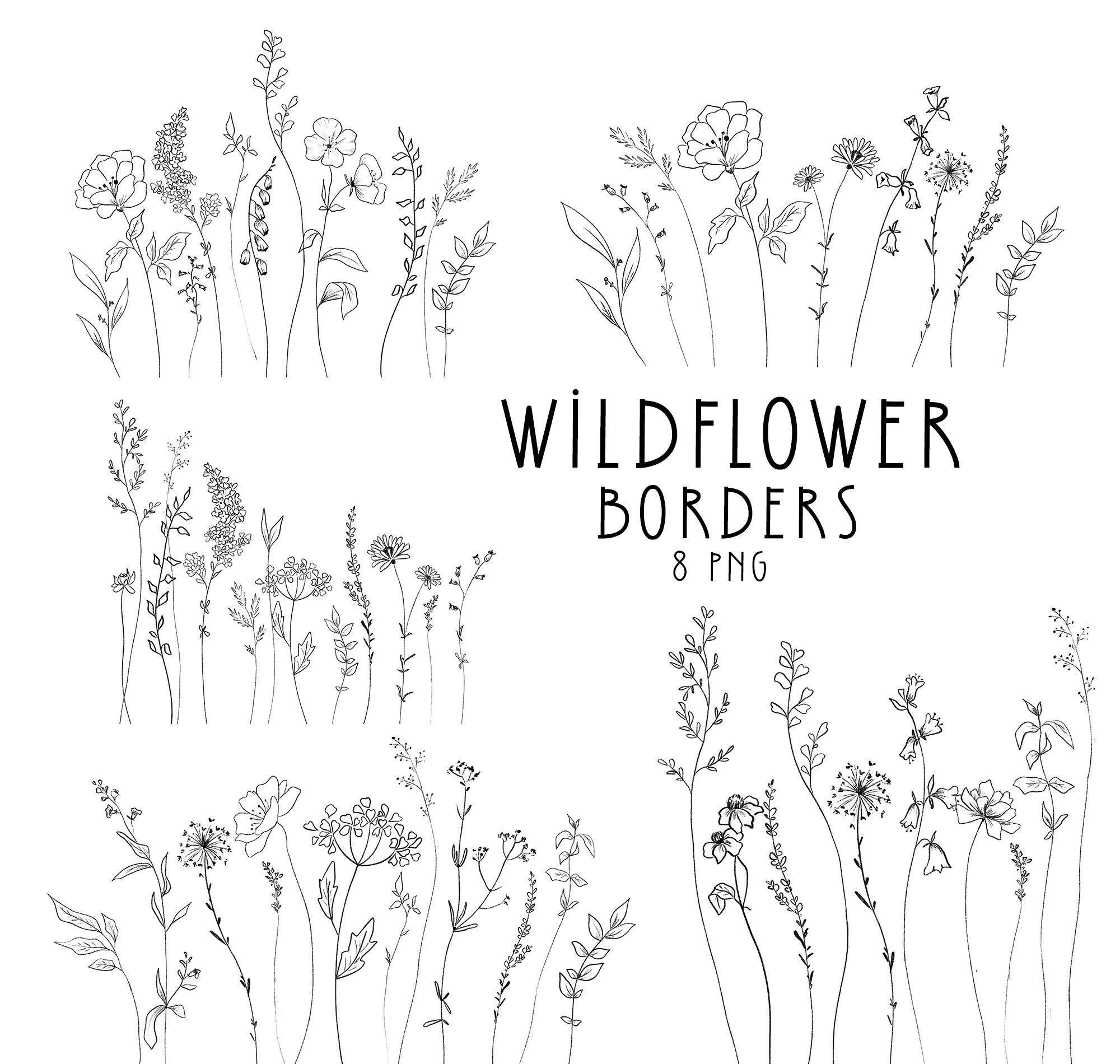 Wildflower Borders Clipart, Flower Meadow PNG, Flower Borders Lineart ...
