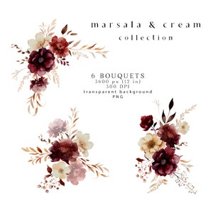 Marsala Fall Floral Clipart Watercolor Autumn Burgundy & Cream Flowers ...