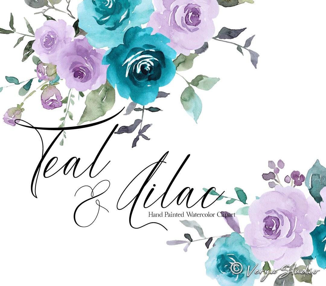 Teal Lilac Watercolor Floral Clipart Flowers Clip Art Purple Lavender ...