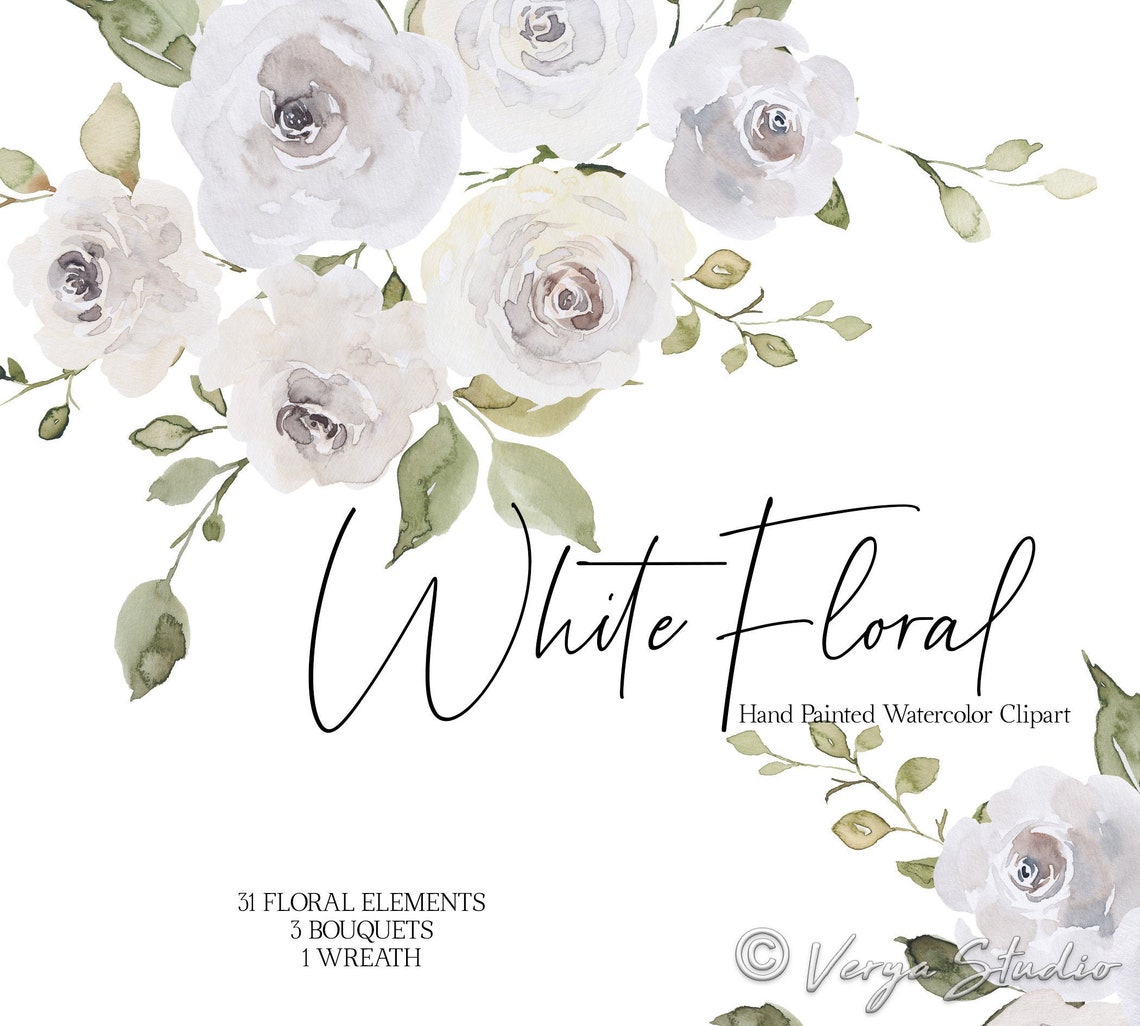 Watercolor Flowers Clipart White Ivory Cream Floral Clip Art - Etsy