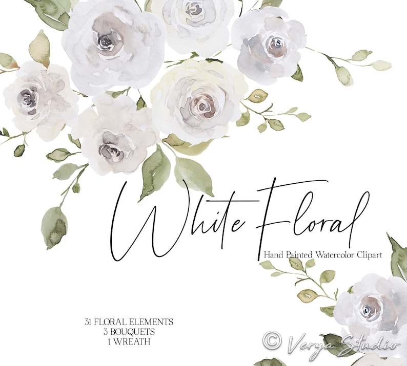 Watercolor Flowers Clipart White Ivory Cream Floral Clip Art Light ...