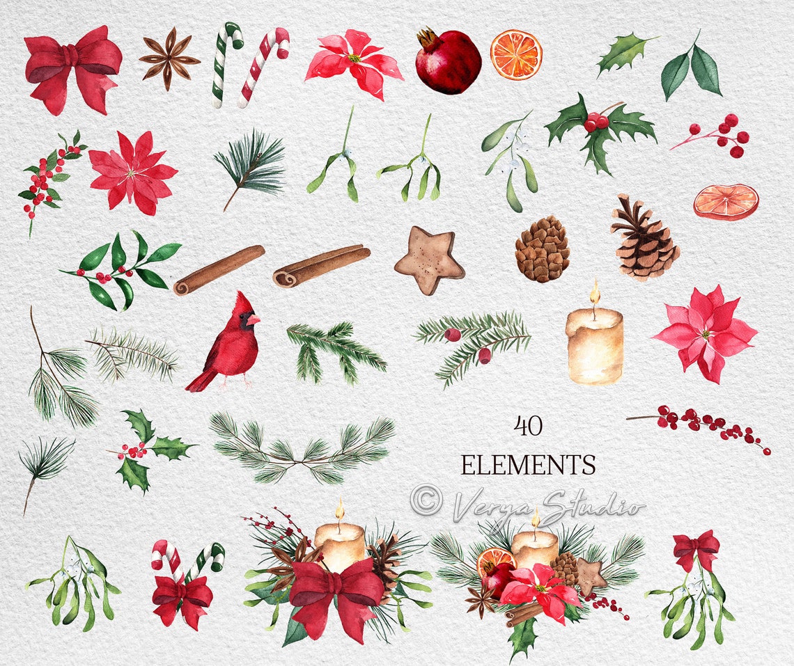 Watercolor Christmas Clipart, Poinsettia Christmas Clip Art, Winter ...
