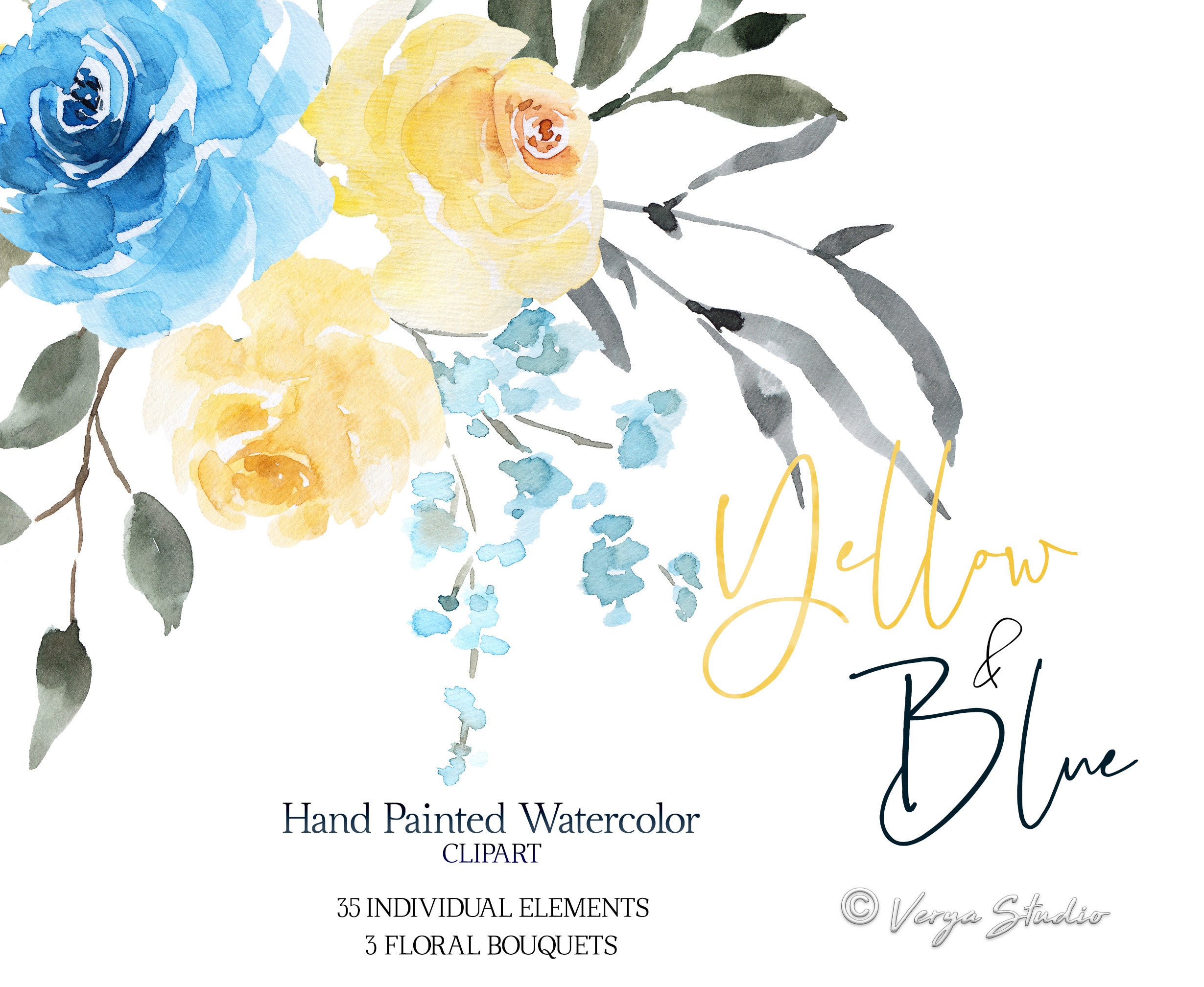 Yellow Blue Watercolor Flowers Clipart Wedding Clip Art Summer | Etsy