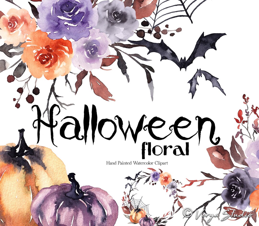 Halloween Clipart Watercolor Halloween Floral Clip Art Orange Purple ...