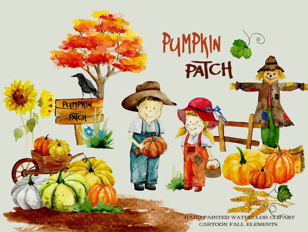 Fall Farm Clipart Watercolor, Pumpkin Patch, Pumpkins Clip Art, Little ...