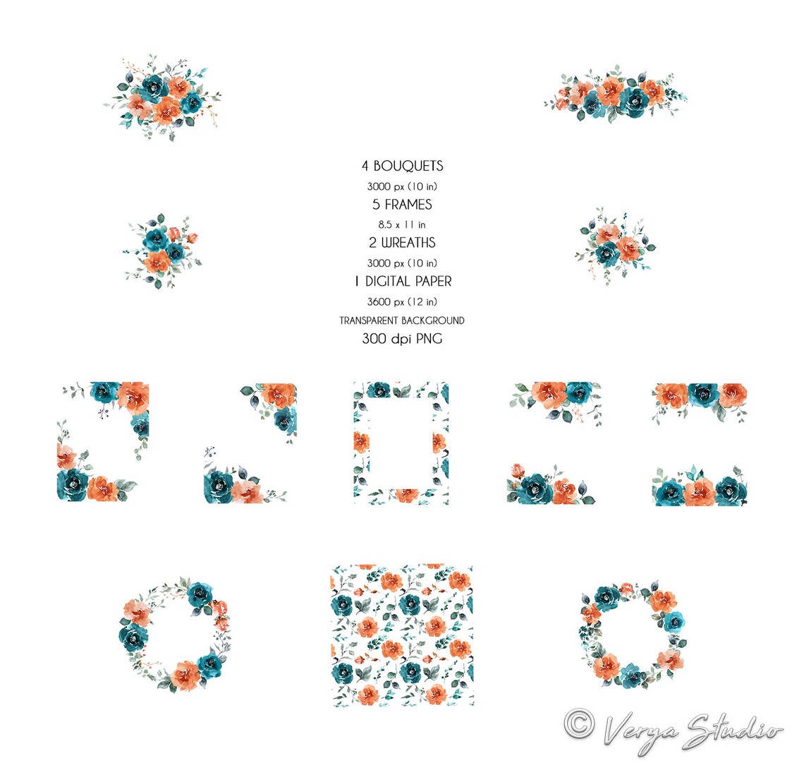 Teal Rust Orange Watercolor Flowers Clipart Floral Clip Art - Etsy