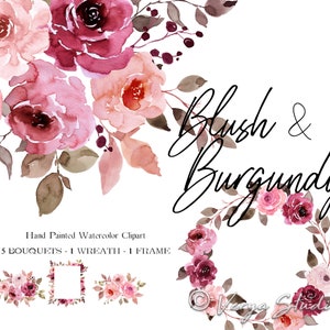 Watercolor Flowers Clipart Blush Red Burgundy Pink Floral Clipart ...