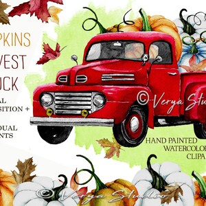 Pumpkin Harvest Truck Watercolor Clipart Pumpkins, Red Harvest Truck ...