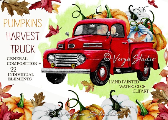 Watercolor Fall Truck Clipart Vintage Red Green Yellow Truck with ...