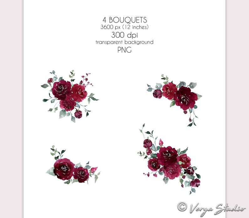 Burgundy Flowers Clipart Watercolor Marsala Floral Clip Art Dark Wine ...