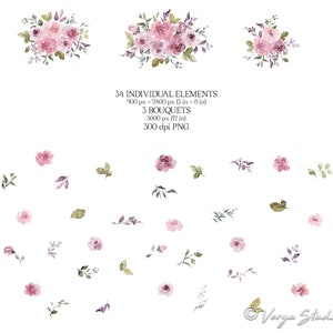 Mauve Pink Watercolor Floral Clipart Flowers Clip Art Bright Light Soft ...