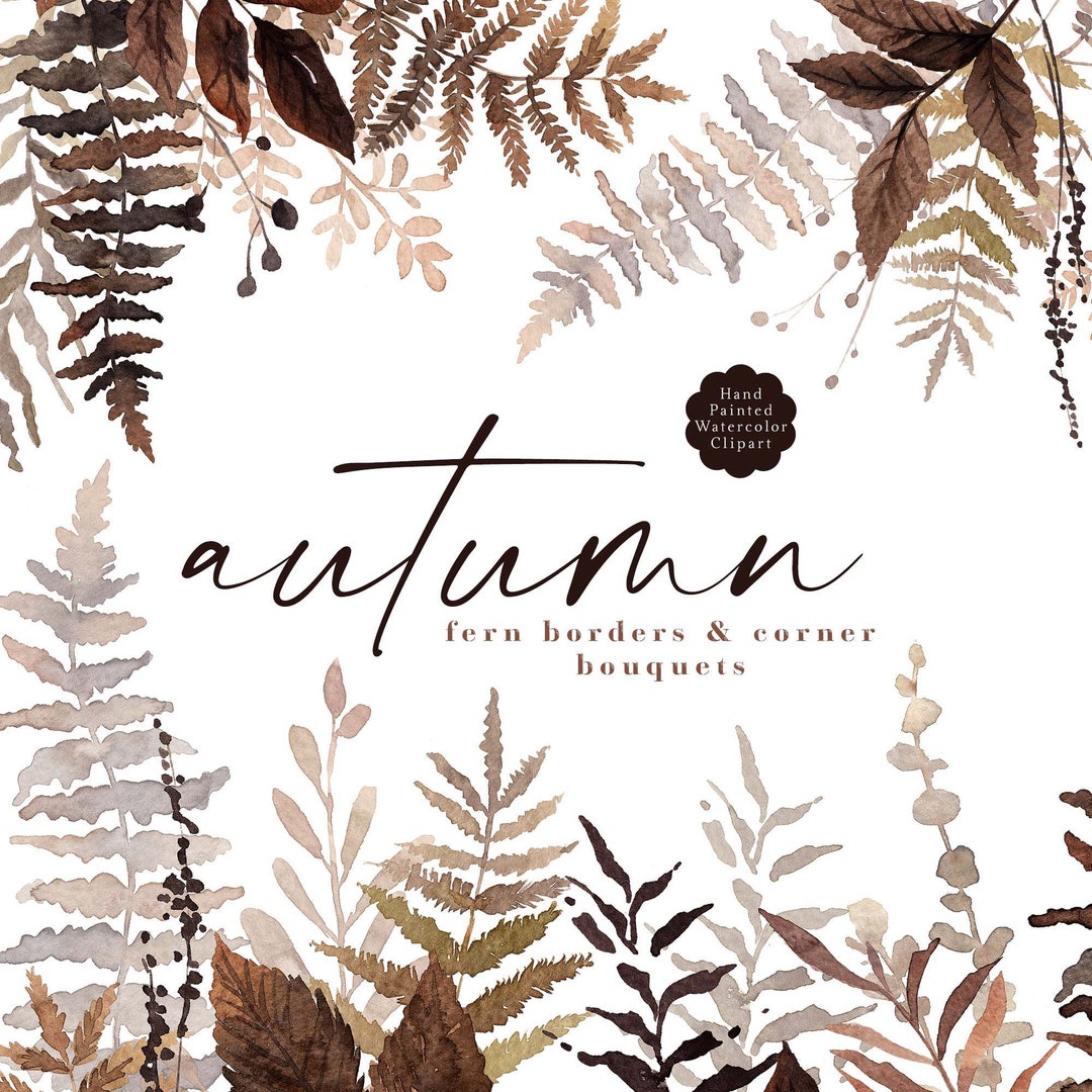 Fall Borders Watercolor Botanical Clipart Neutral Ferns Bouquets Brown ...
