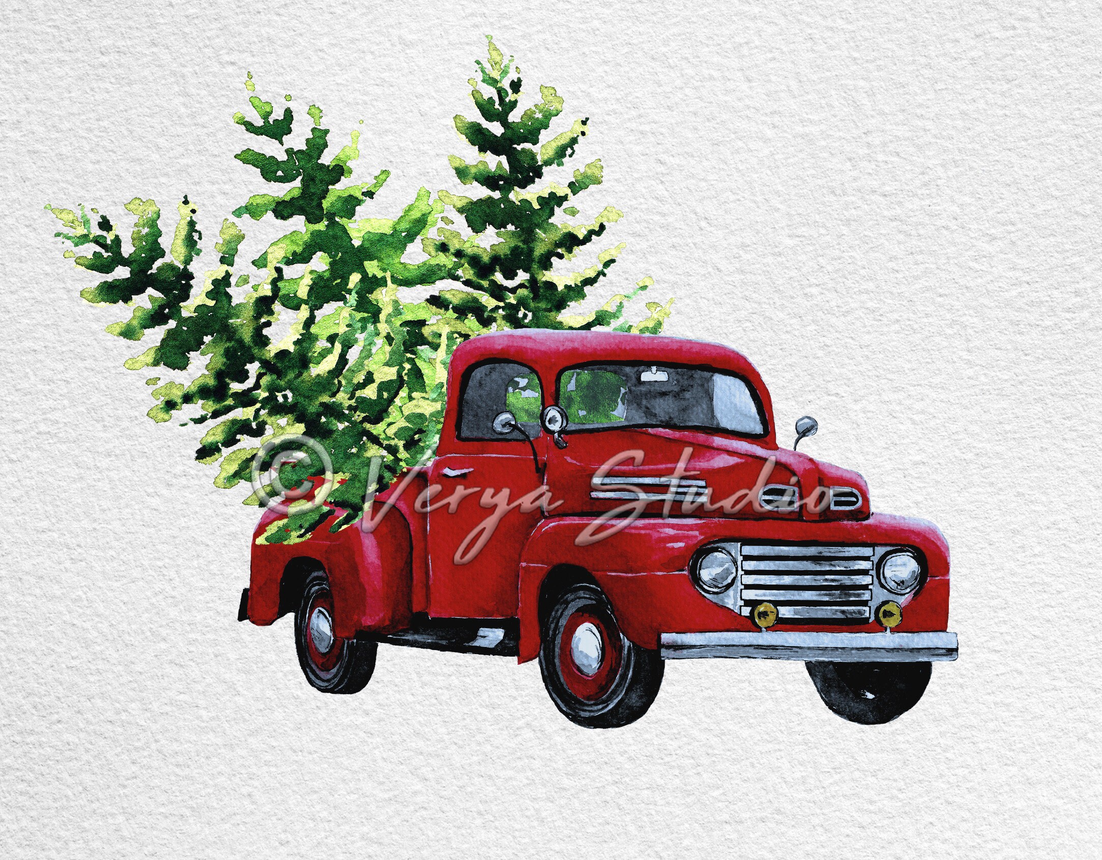 Watercolor Christmas Truck Clipart Red Christmas Truck - Etsy