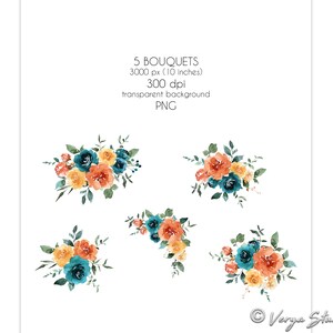 Teal Rust Mustard Yellow Watercolor Floral Clipart Flowers Clip Art ...