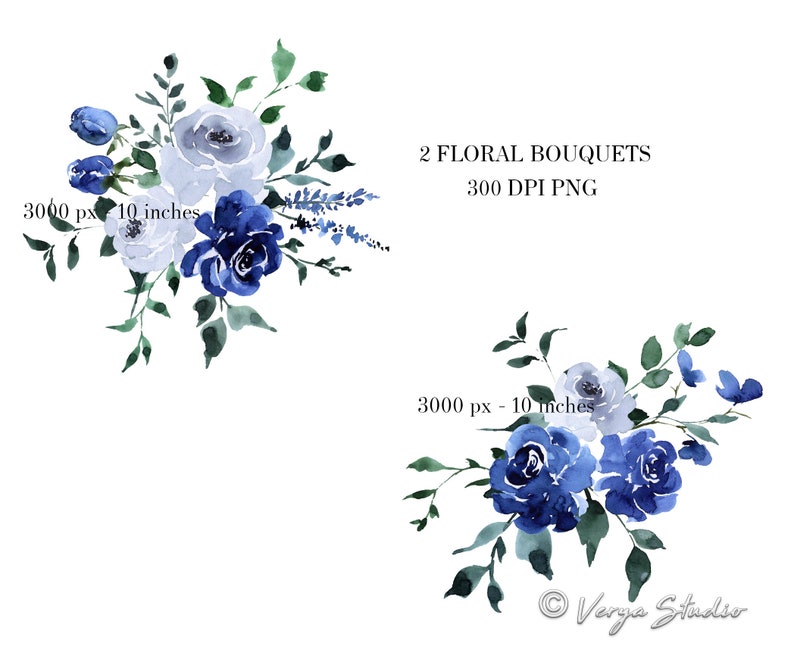 Indigo White Watercolor Flowers Clipart Navy Blue Ivory Roses - Etsy