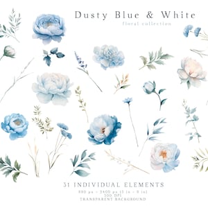 Dusty Blue White Watercolor Floral Clipart Ivory Blue Peonies Flowers ...