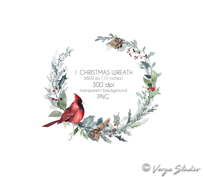Red Cardinal Christmas Wreath Clipart Watercolor Greenery Xmas Wreath ...
