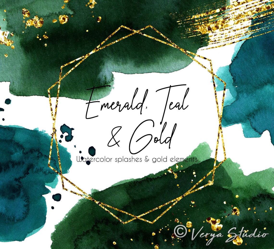 Teal Emerald Watercolor Splashes Clipart Gold Frames Golden | Etsy