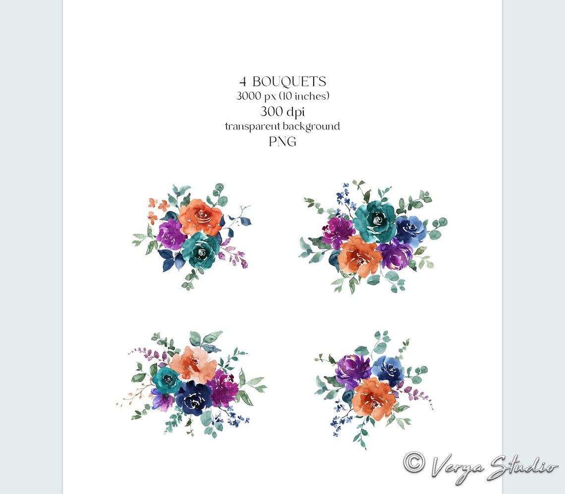 Watercolor Flowers Clipart Floral Clip Art Navy Blue Burnt - Etsy