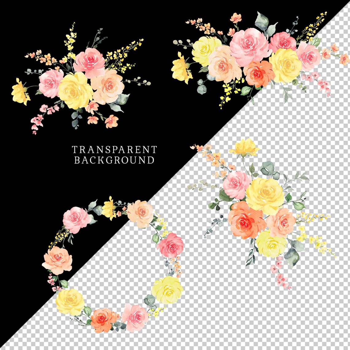 Peach Pink Yellow Floral Clipart Watercolor Spring Flowers Bright Blush ...