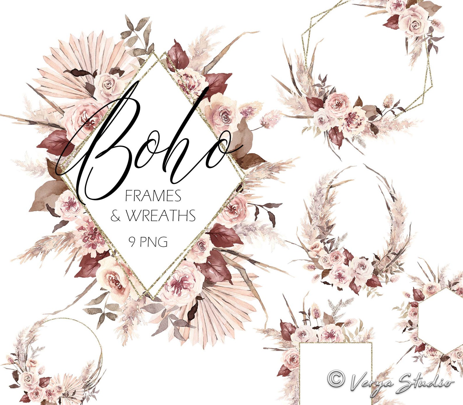 Watercolor Bohemian Floral Clipart Boho Frames Wreaths Gold - Etsy