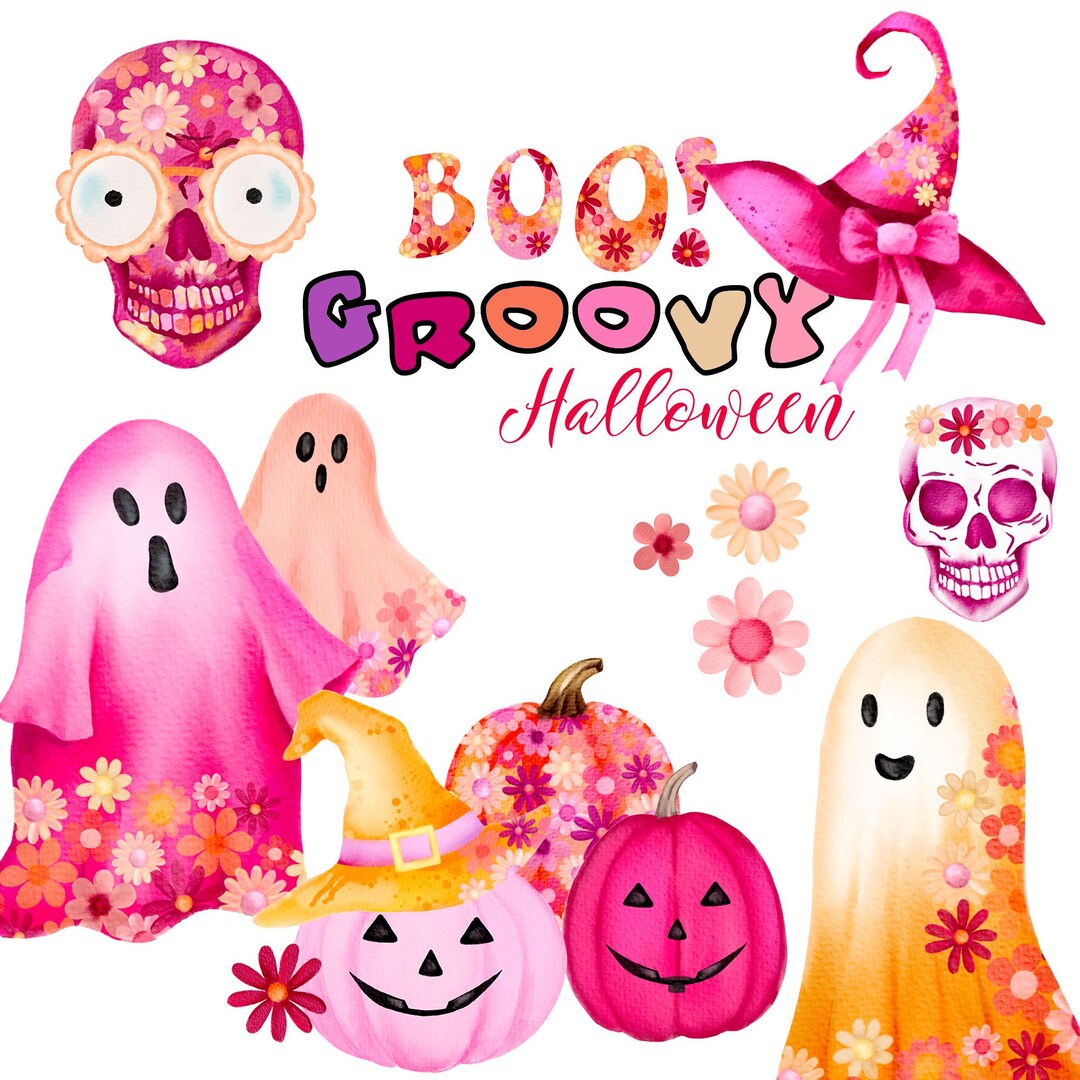 Pink Halloween Clipart Groovy Pumpkins Clip Art Hippie Fall Flowers ...