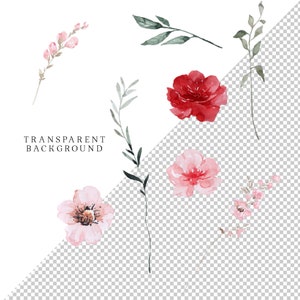 Red Pink Floral Clipart, Watercolor Spring Flowers Clip Art, Blush ...
