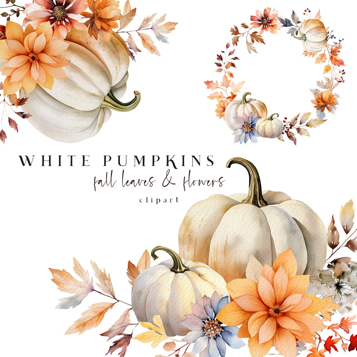 Autumn Clipart Watercolor Fall Leaves Floral Clip Art Wreath ...
