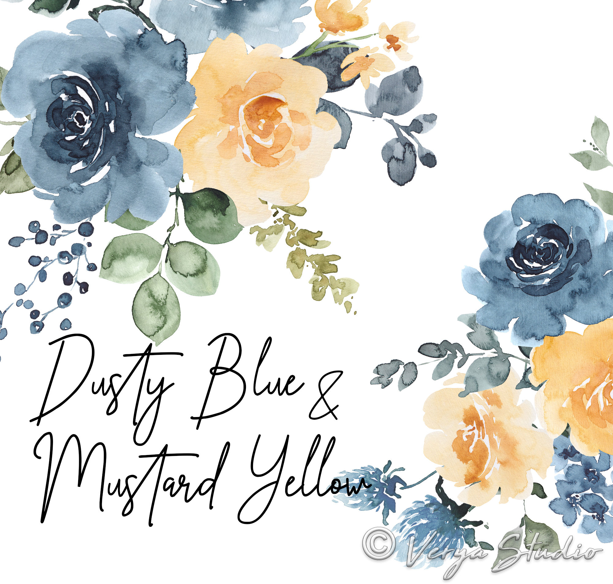 Dusty Blue Mustard Yellow Watercolor Floral Clipart Flowers | Etsy