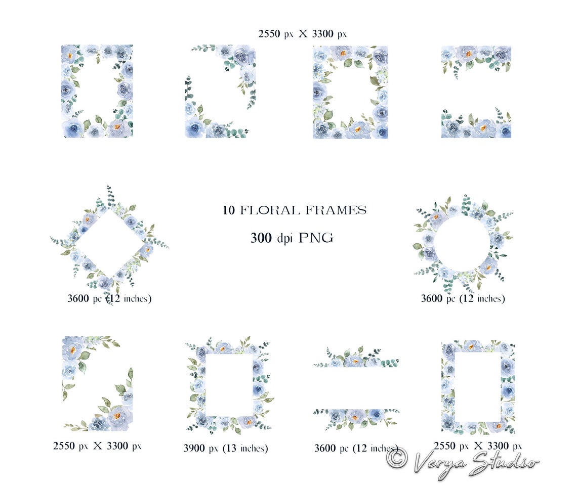 Baby Blue Watercolor Flowers Frames Clipart Light Soft Pastel Border ...