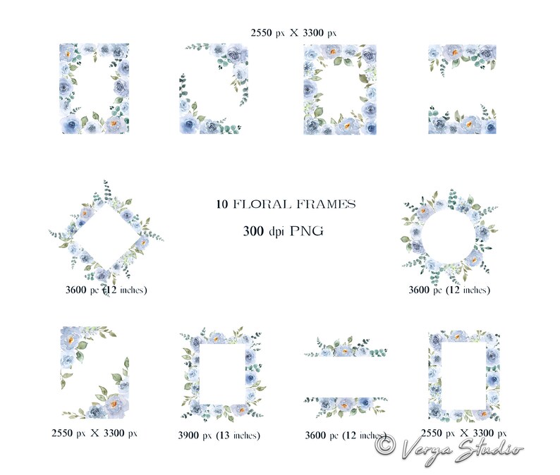 Baby Blue Watercolor Flowers Frames Clipart Light Soft Pastel | Etsy