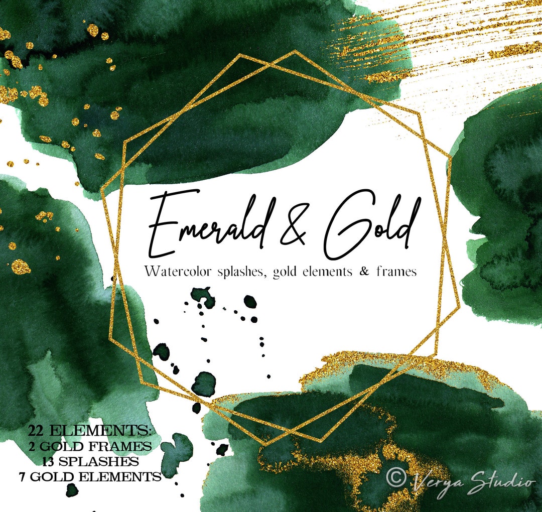 Emerald Green Watercolor Splashes Gold Frames Brushes Clipart Wedding ...