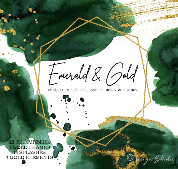 Emerald Green Watercolor Splashes Gold Frames Brushes Clipart - Etsy