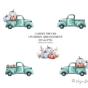 Green Pumpkin Truck Watercolor Fall Clipart Harvest Truck Vintage Truck ...