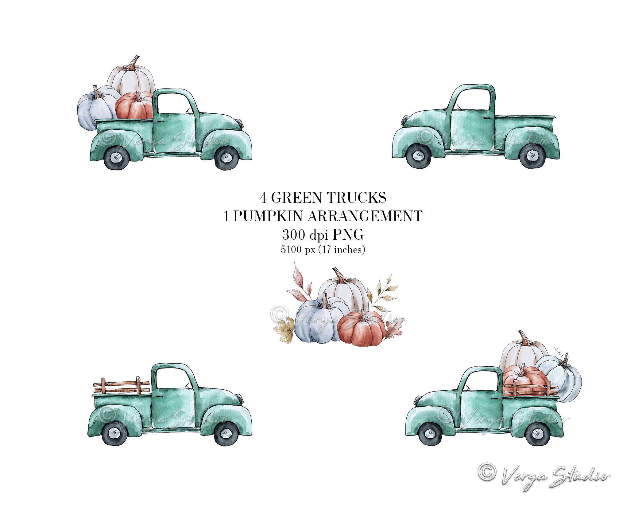 Green Pumpkin Truck Watercolor Fall Clipart Harvest Truck - Etsy