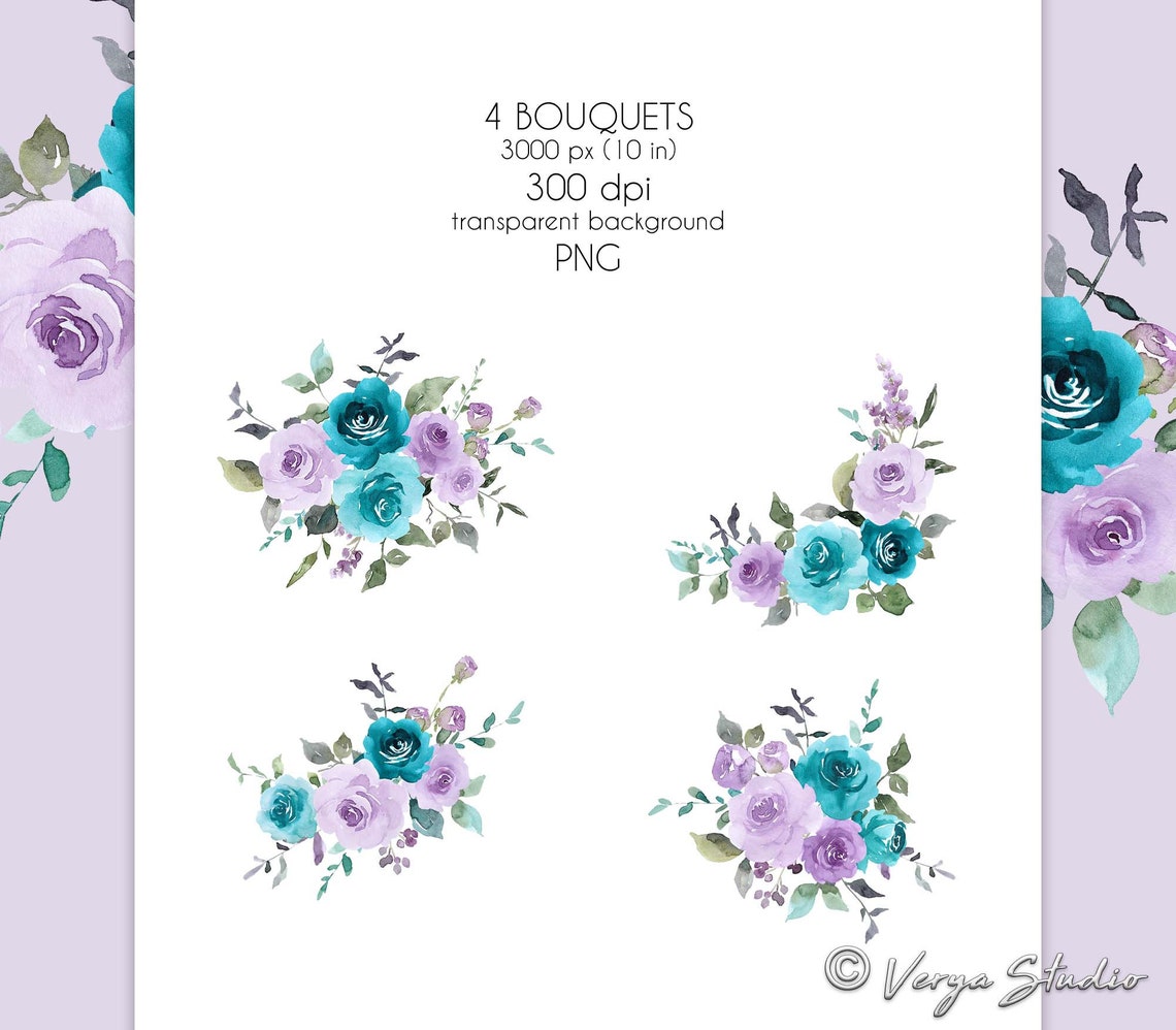 Teal Lilac Watercolor Floral Clipart Flowers Clip Art Purple - Etsy
