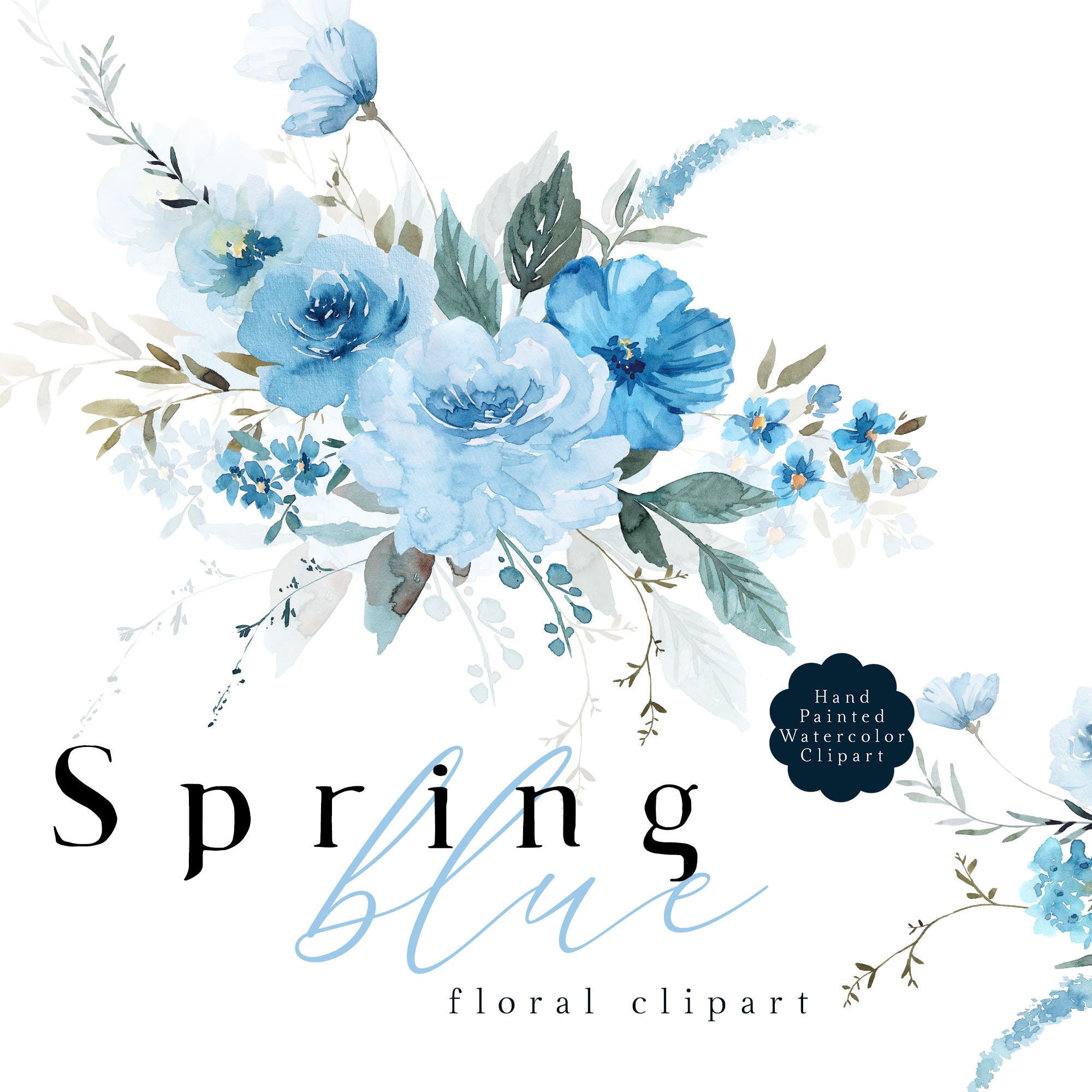 Blue Watercolor Floral Clipart Cerulean Sky Baby Blue Flowers PNG ...