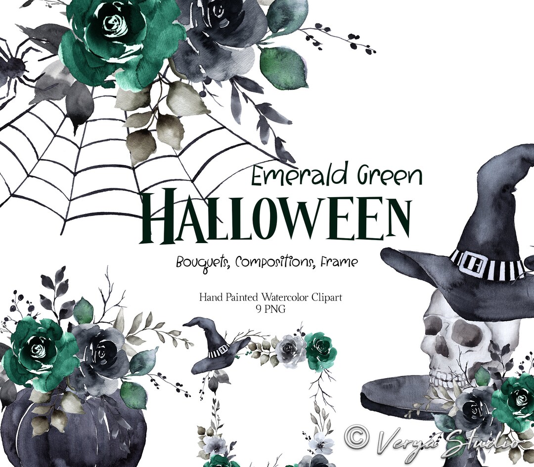 Emerald Green Halloween Clipart Watercolor Floral Clip Art Bouquets ...