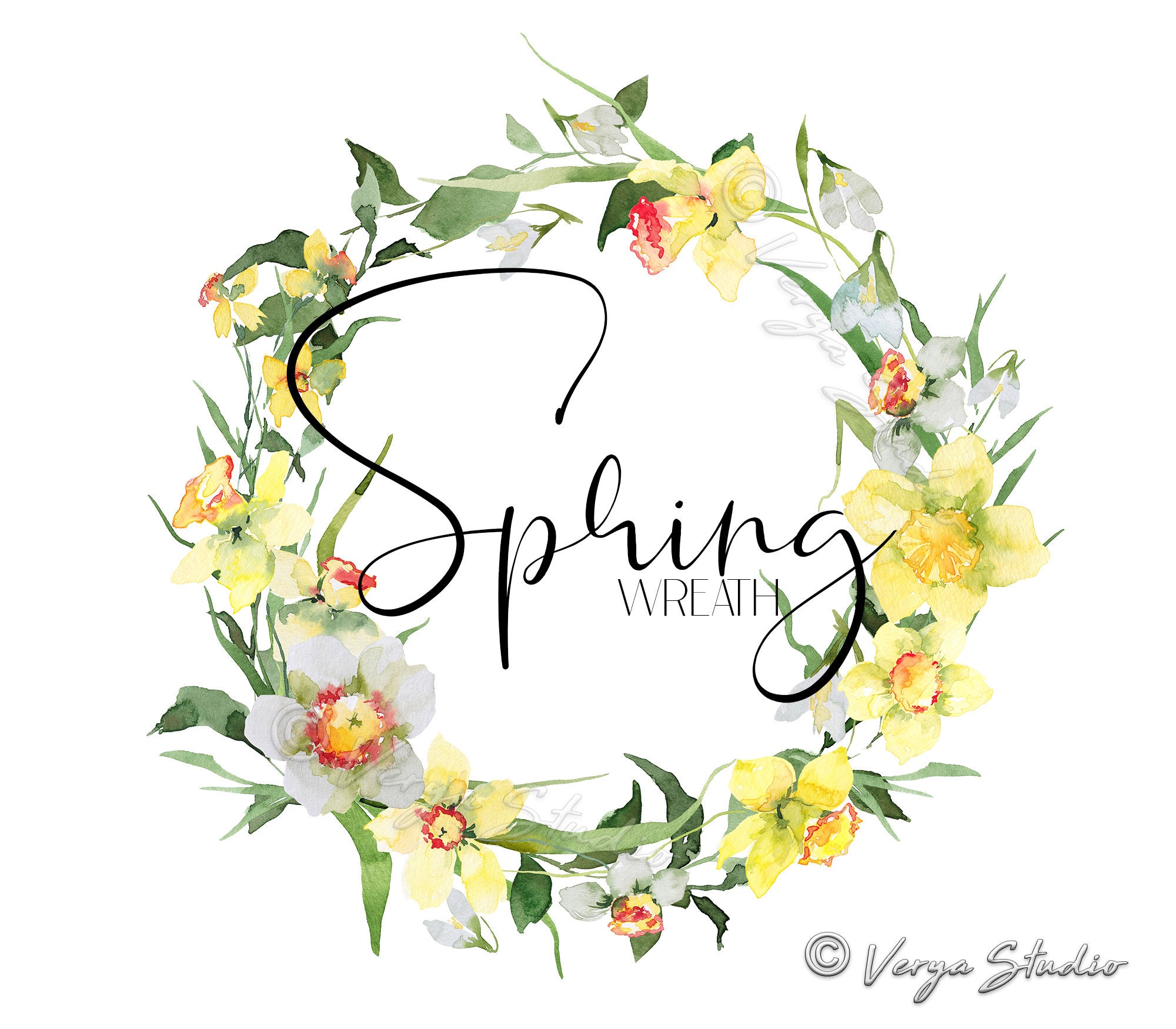 Spring Wreath Watercolor Floral Wreath Yellow Daffodils Snowdrops ...