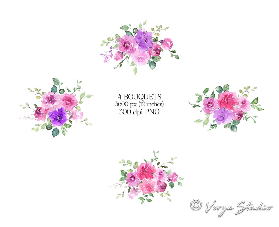 Purple Pink Watercolor Floral Clipart Flowers Clip Art Summer Clipart ...