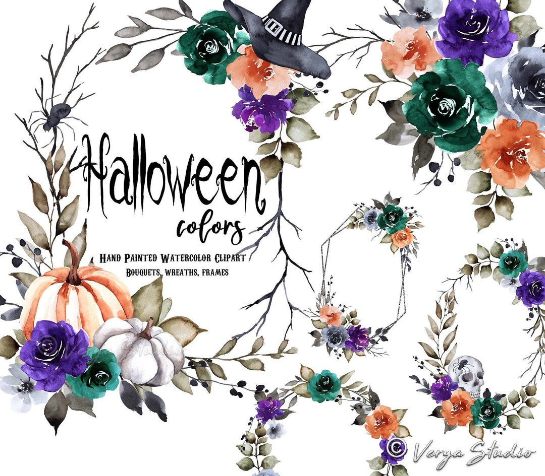 Halloween Clipart Emerald Purple Orange Black Watercolor Halloween Clip ...